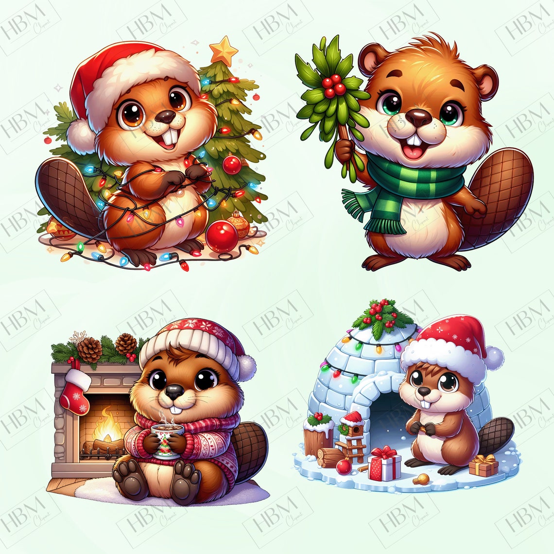 Cute Christmas Beaver Clipart Bundle, Festive Cartoon Baby Animal ...