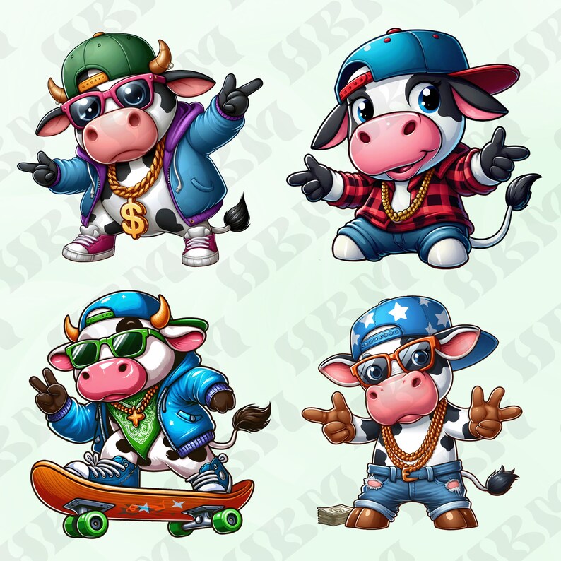 Cute Cartoon Gangsta Cows Clipart Bundle, Funny Attitude Sticker ...