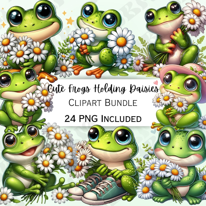 24 Cute Frog Holding Daisies Clipart Bundle, Tadpole Stickers, Adorable ...
