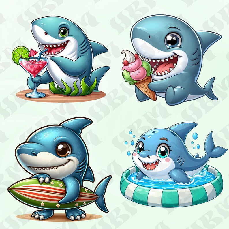 Cute Cartoon Summer Shark Clipart Bundle, Surf Nursery Decor, Beach ...