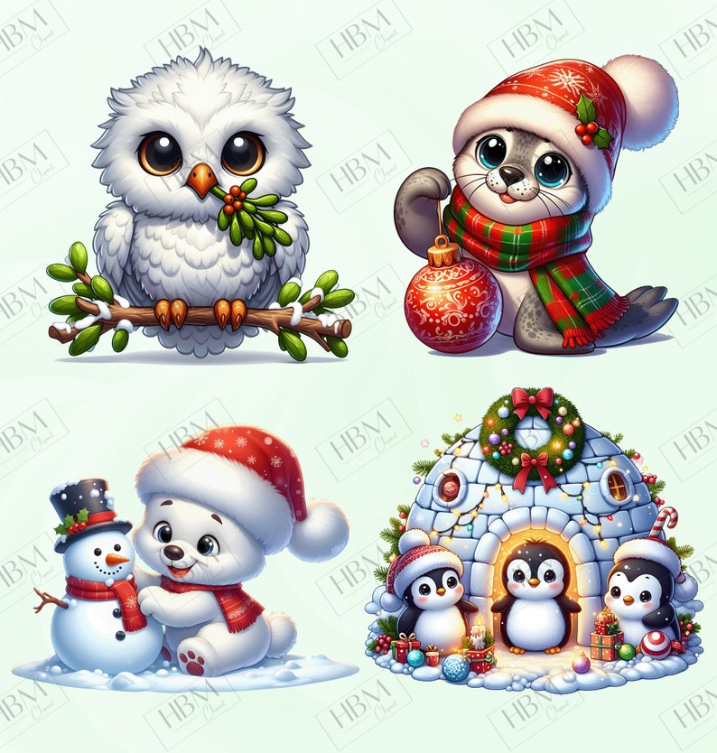 Cute Christmas Arctic Animals Clipart Bundle, Festive Cartoon Baby Snow ...