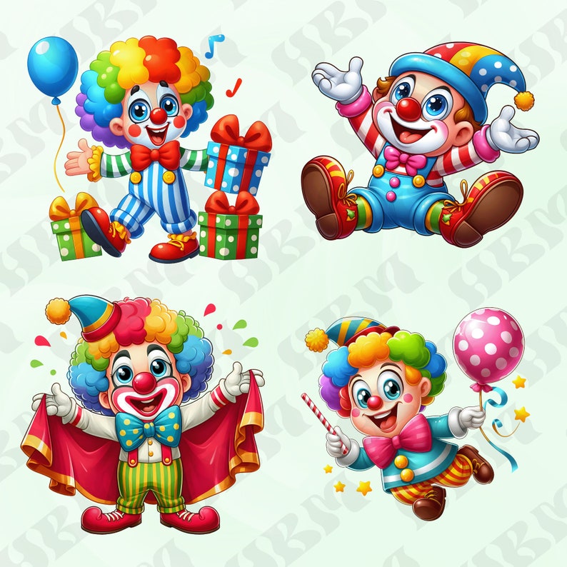Cute Cartoon Clowns Clipart Bundle, Circus Magic Balloon Sticker ...
