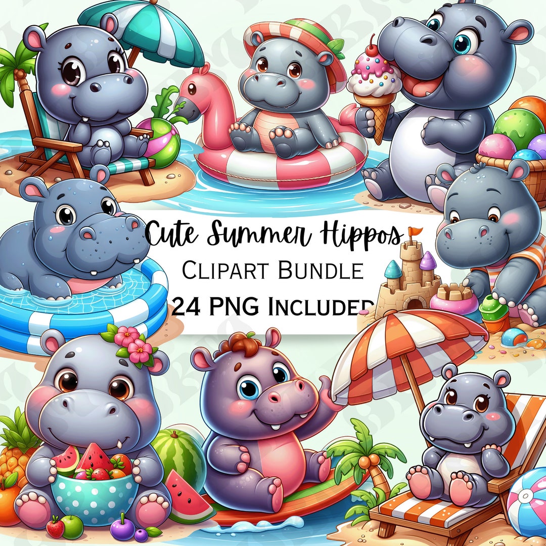 Cute Cartoon Summer Hippo Clipart Bundle, Surf Nursery Decor, Beach ...