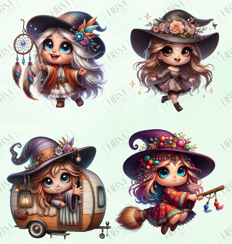 Cute Cartoon Boho Witches Clipart Bundle, Magical Witchy Art, Floral ...