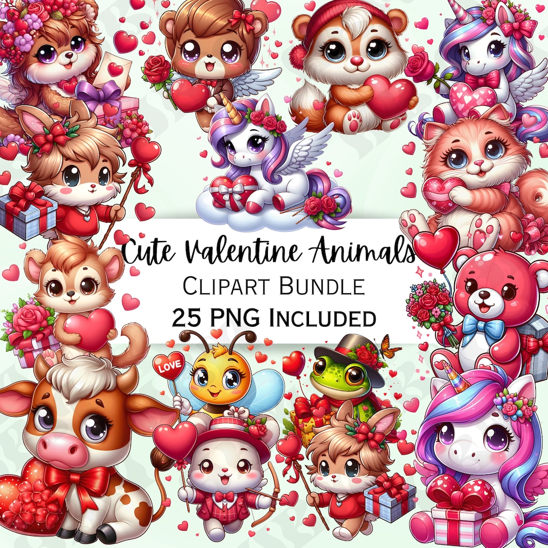 25 Cute Valentine Animals Clipart Bundle, Cow Card Making, Frog ...