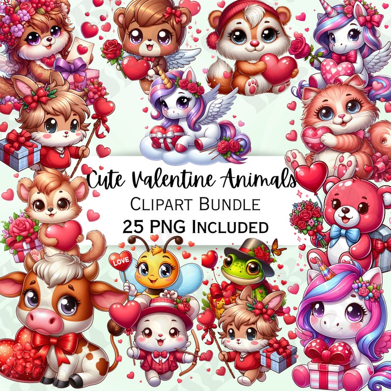 25 Cute Valentine Animals Clipart Bundle, Cow Card Making, Frog ...