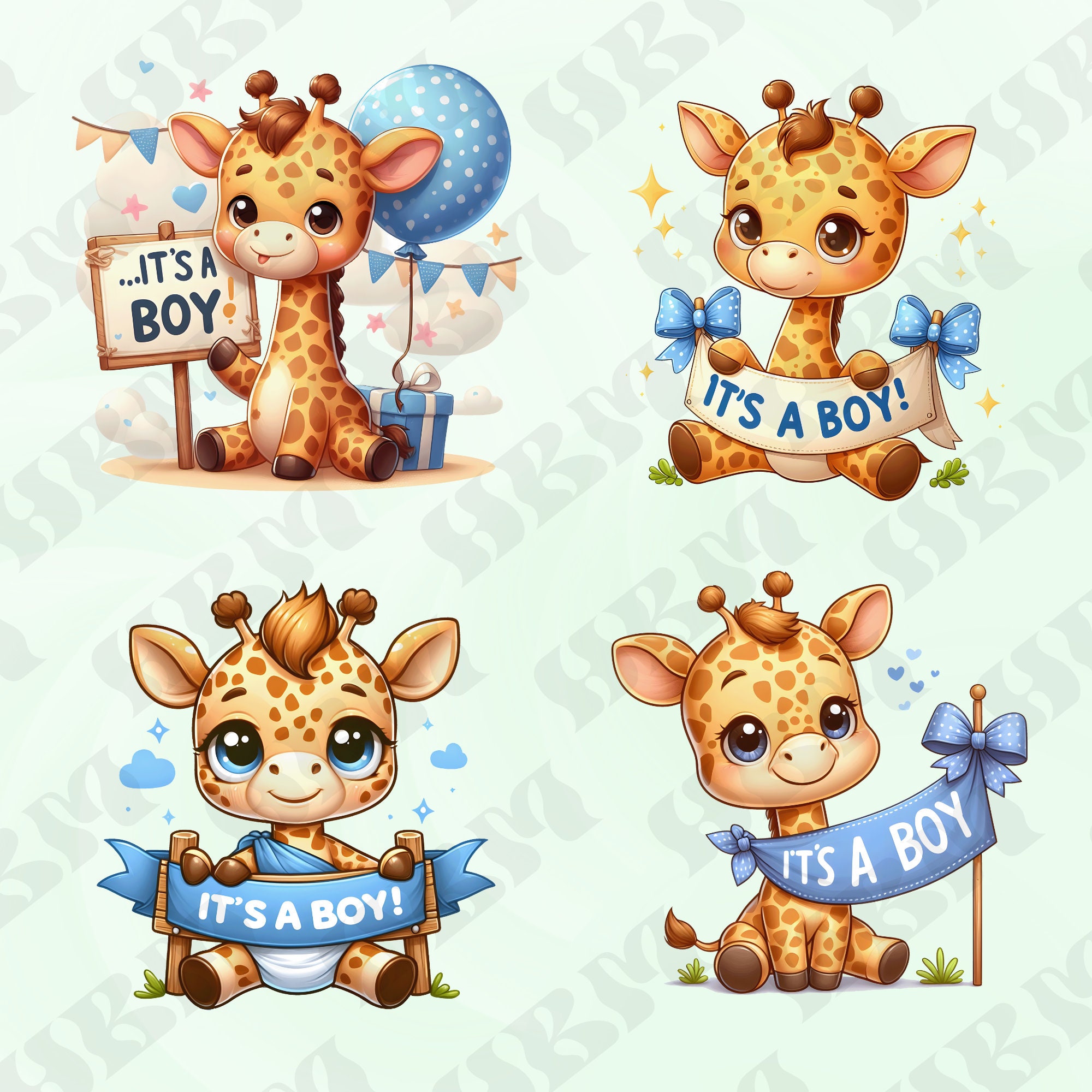 Cute It's a Boy Giraffe Clipart Bundle, Birth Announcement, Blue ...