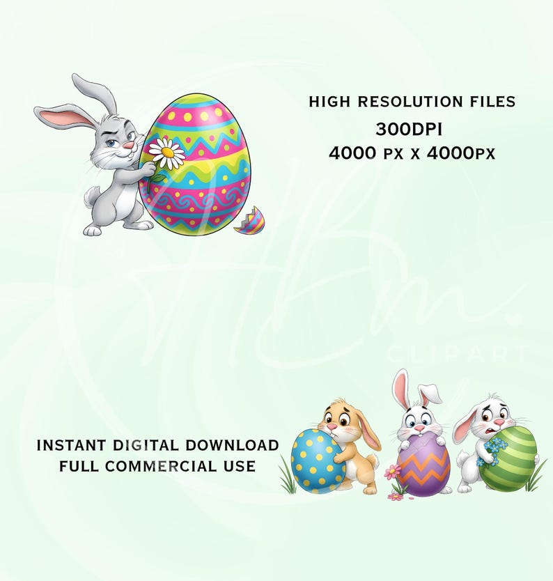 Funny Cute Easter Bunnies Clipart PNG Bundle, Whimsical Spring Holiday ...
