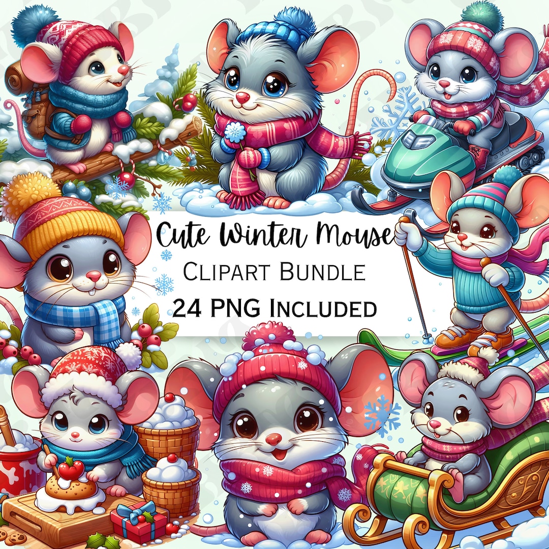 Cute Cartoon Winter Mouse Clipart Bundle, Snow Nursery Decor, Cozy Baby ...