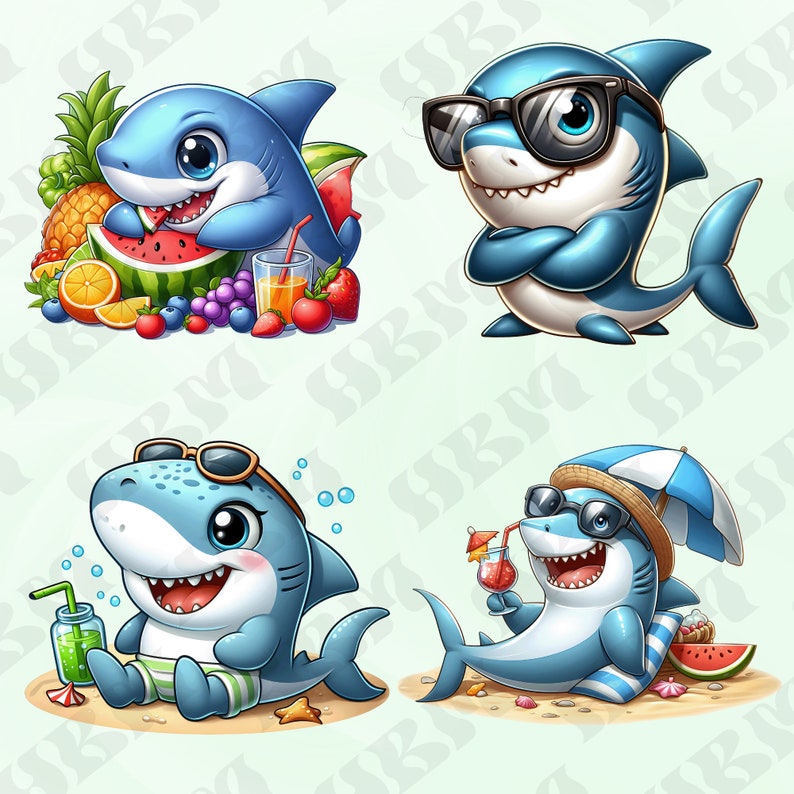 Cute Cartoon Summer Shark Clipart Bundle, Surf Nursery Decor, Beach ...
