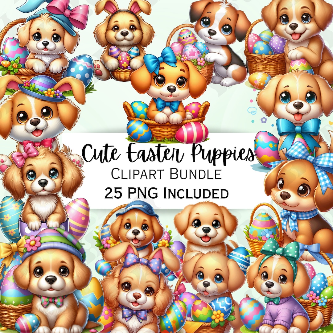25 Cute Easter Puppies Clipart Bundle, Dog Stickers, Adorable Baby Wall ...