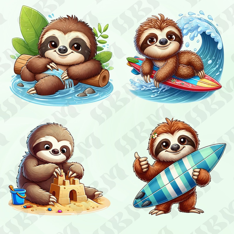 Cute Cartoon Summer Sloth Clipart Bundle, Surf Nursery Decor, Beach ...