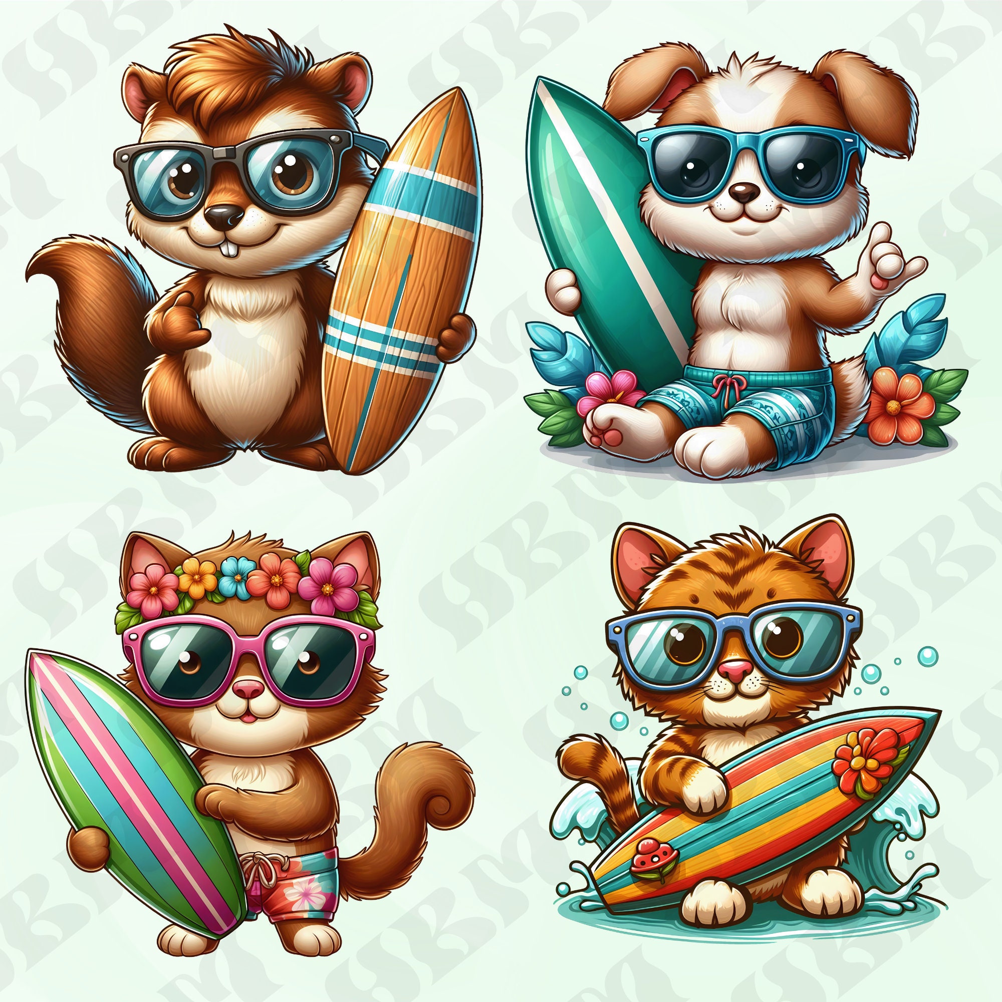 25 Cute Surfer Animals Clipart Bundle, Teddy Nursery Decor, Cat Baby ...