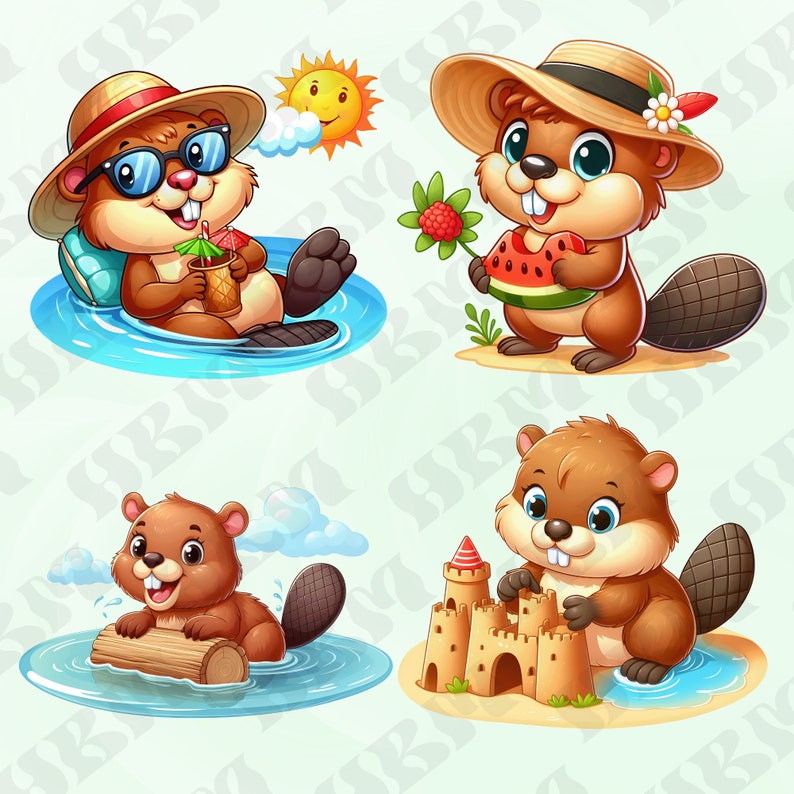 Cute Cartoon Summer Beaver Clipart Bundle, Surf Nursery Decor, Beach ...