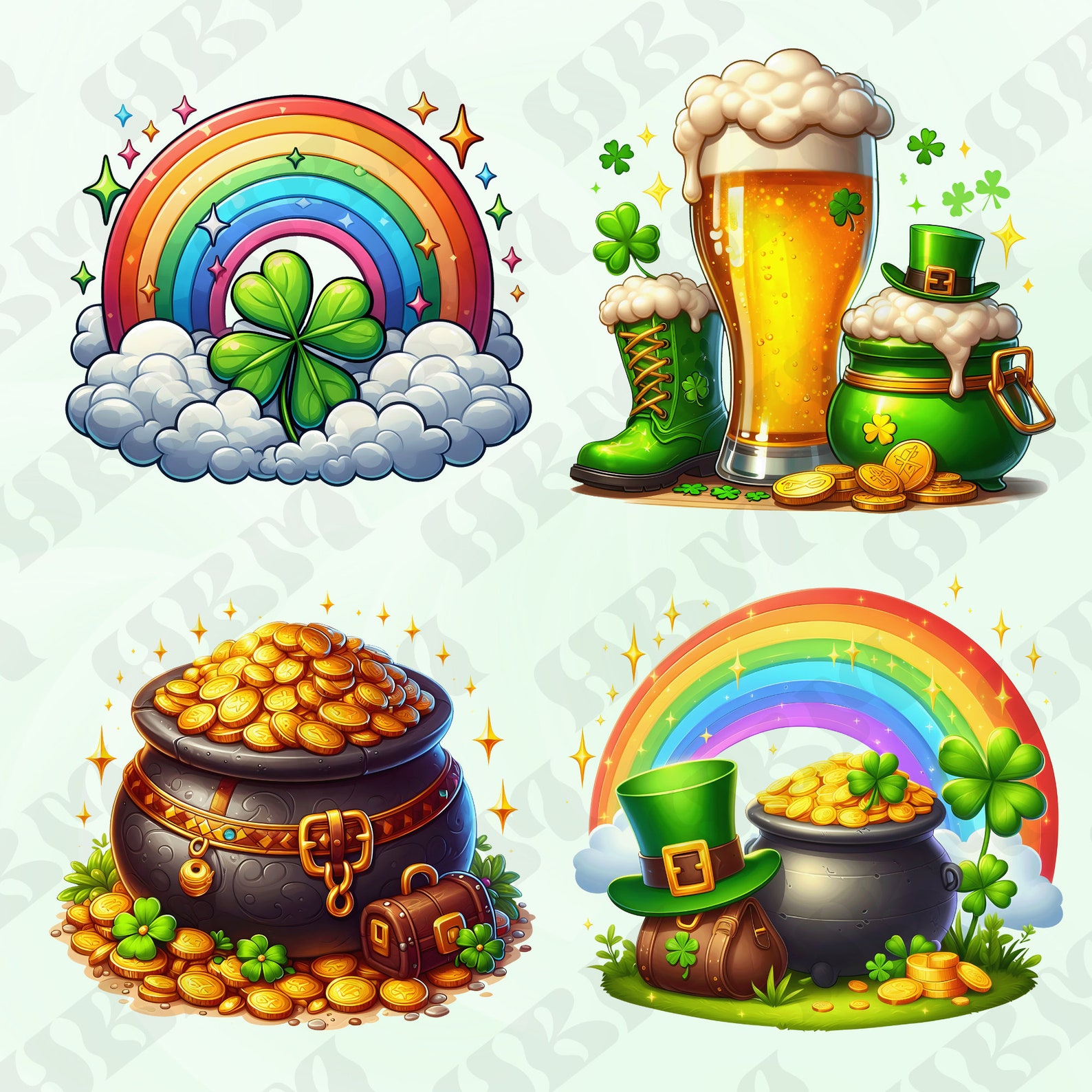 24 St Patrick's Day Cartoon Clipart Bundle, Adorable Four Leaf Clover ...