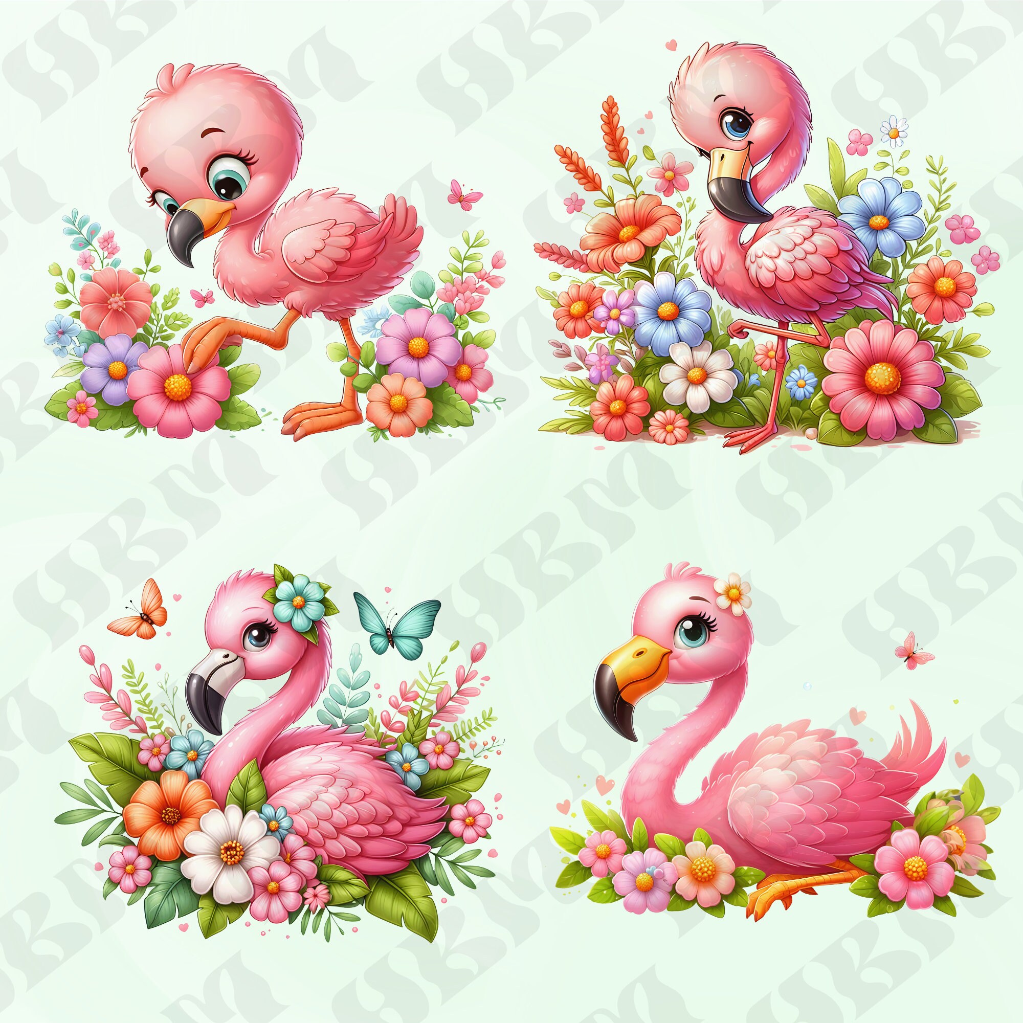 24 Cute Cartoon Spring Flamingos Clipart Bundle, Bird Nursery Decor ...