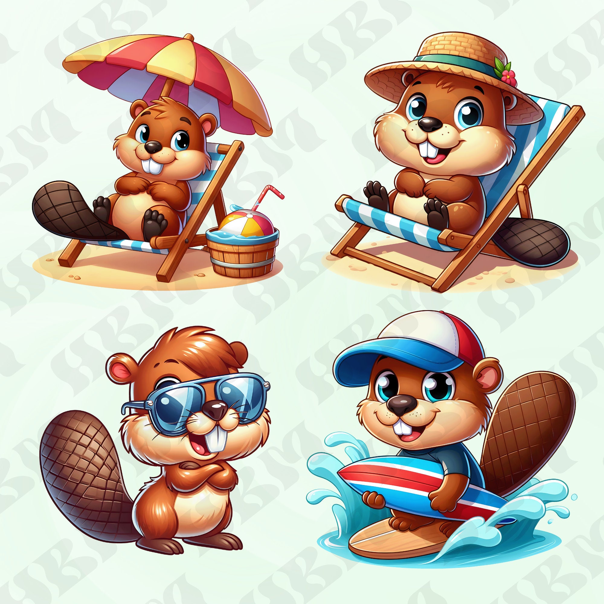 Cute Cartoon Summer Beaver Clipart Bundle, Surf Nursery Decor, Beach ...