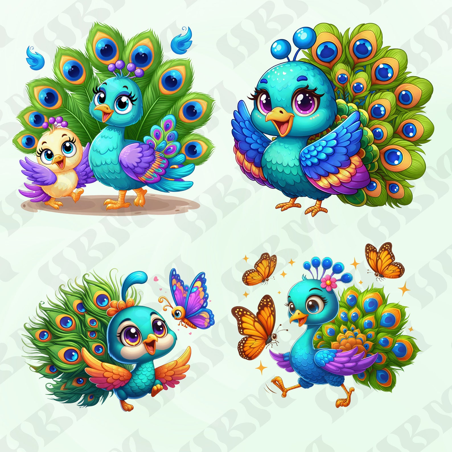 Cute Cartoon Peacocks Clipart Bundle, Wildlife Stickers, Adorable Baby ...