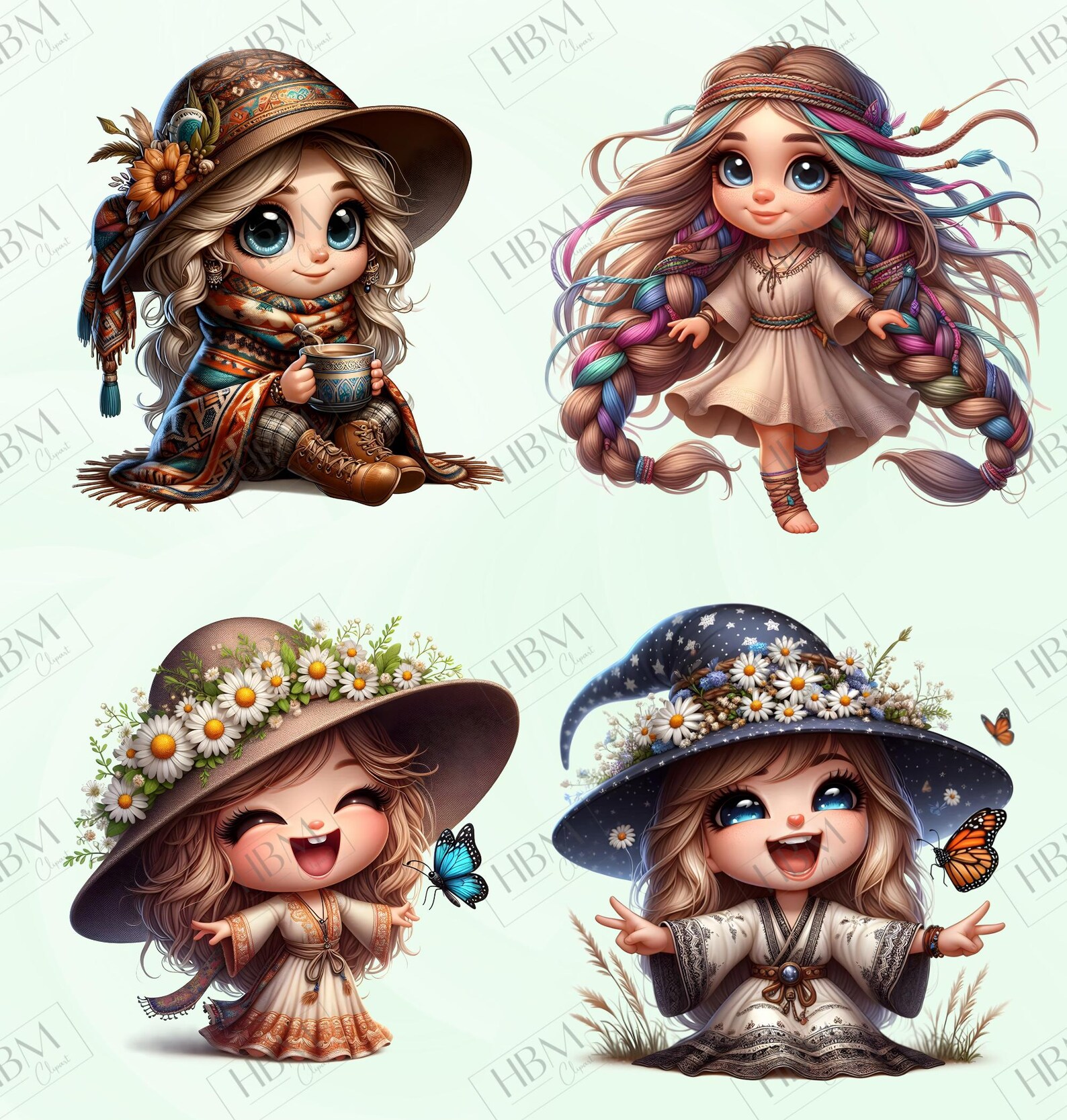 Cute Cartoon Boho Witches Clipart Bundle, Magical Witchy Art, Floral ...