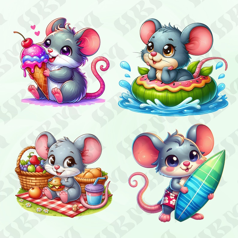 Cute Cartoon Mouse Summer Clipart Bundle, Surf Nursery Decor, Beach ...