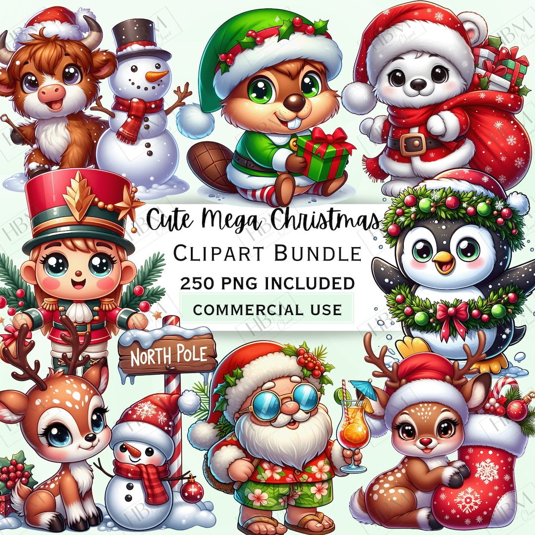 Cute Mega Christmas Clipart Bundle, Festive Cartoon Santa Sticker ...