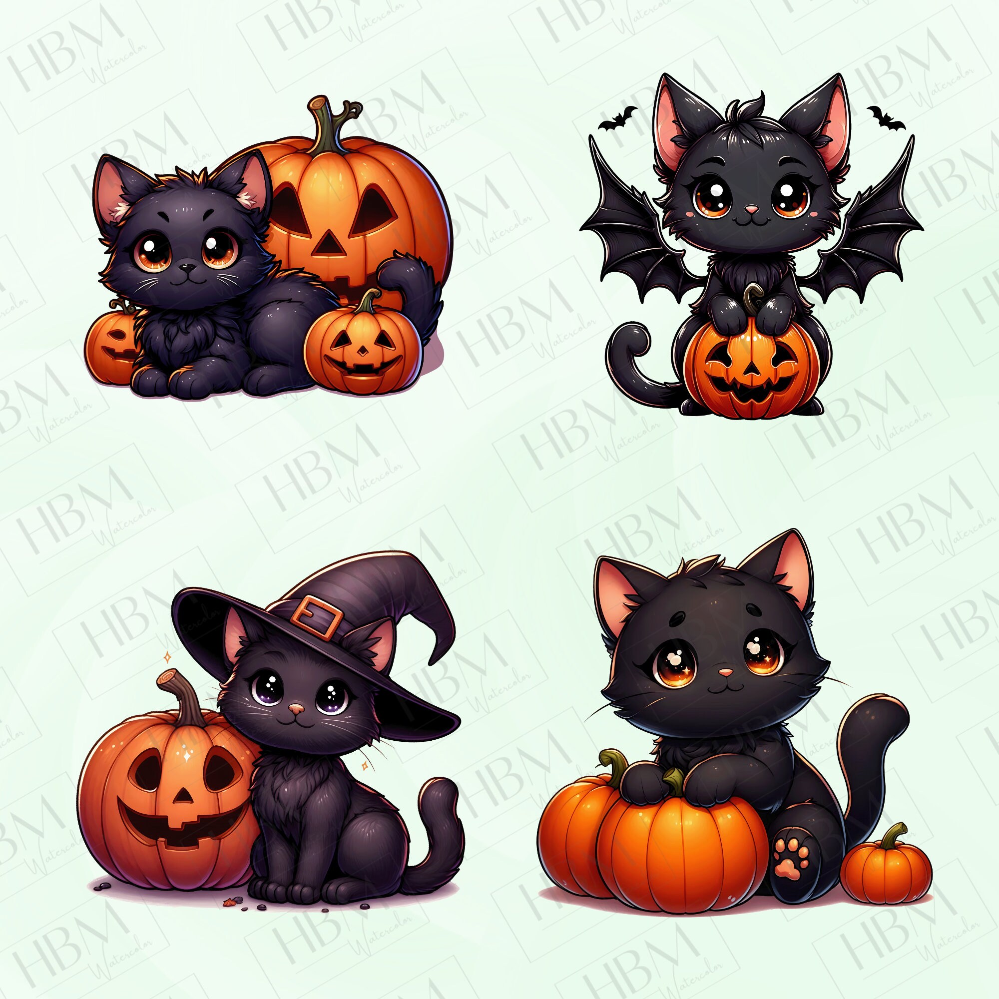 Cute Cartoon Halloween Black Cats Clipart Bundle, Spooky Festive ...