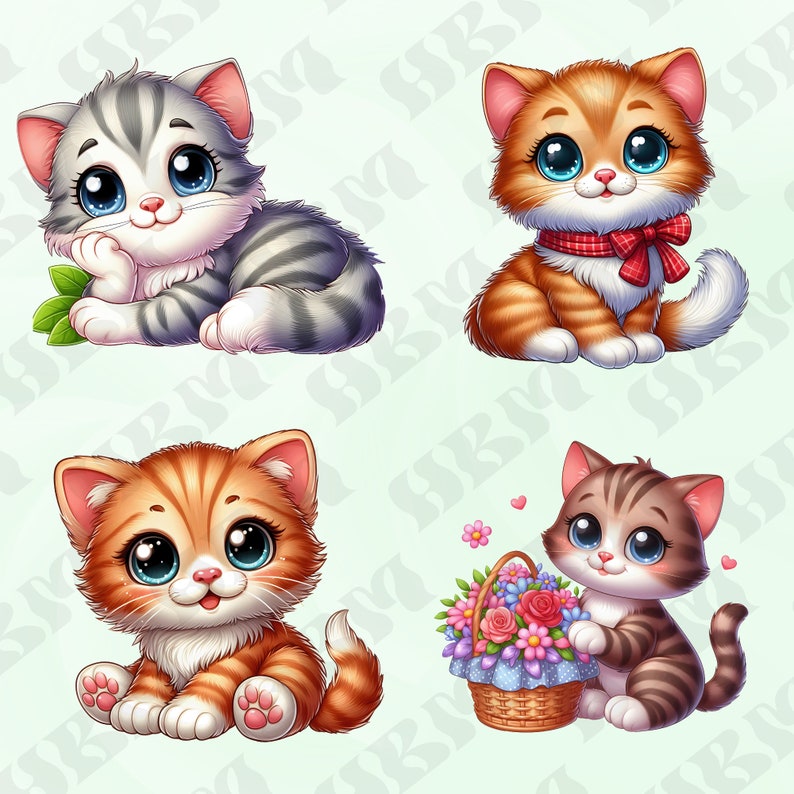 24 Cute Cartoon Cats Clipart Bundle, Kitten Stickers, Adorable Wall Art ...