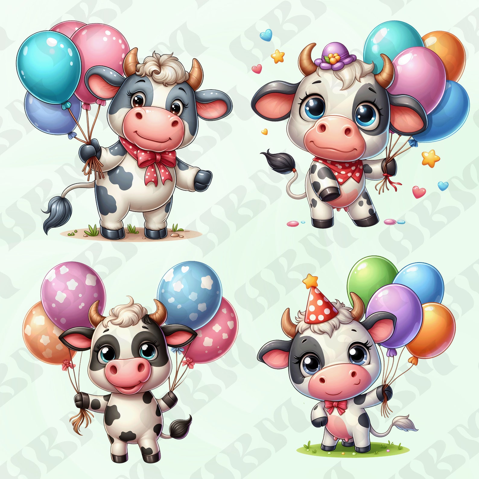 24 Cute Party Cow Clipart Bundle, Cartoon Balloon Sticker, Adorable ...