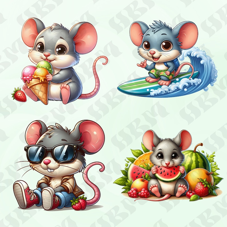 Cute Cartoon Summer Mouse Clipart Bundle, Surf Nursery Decor, Beach ...