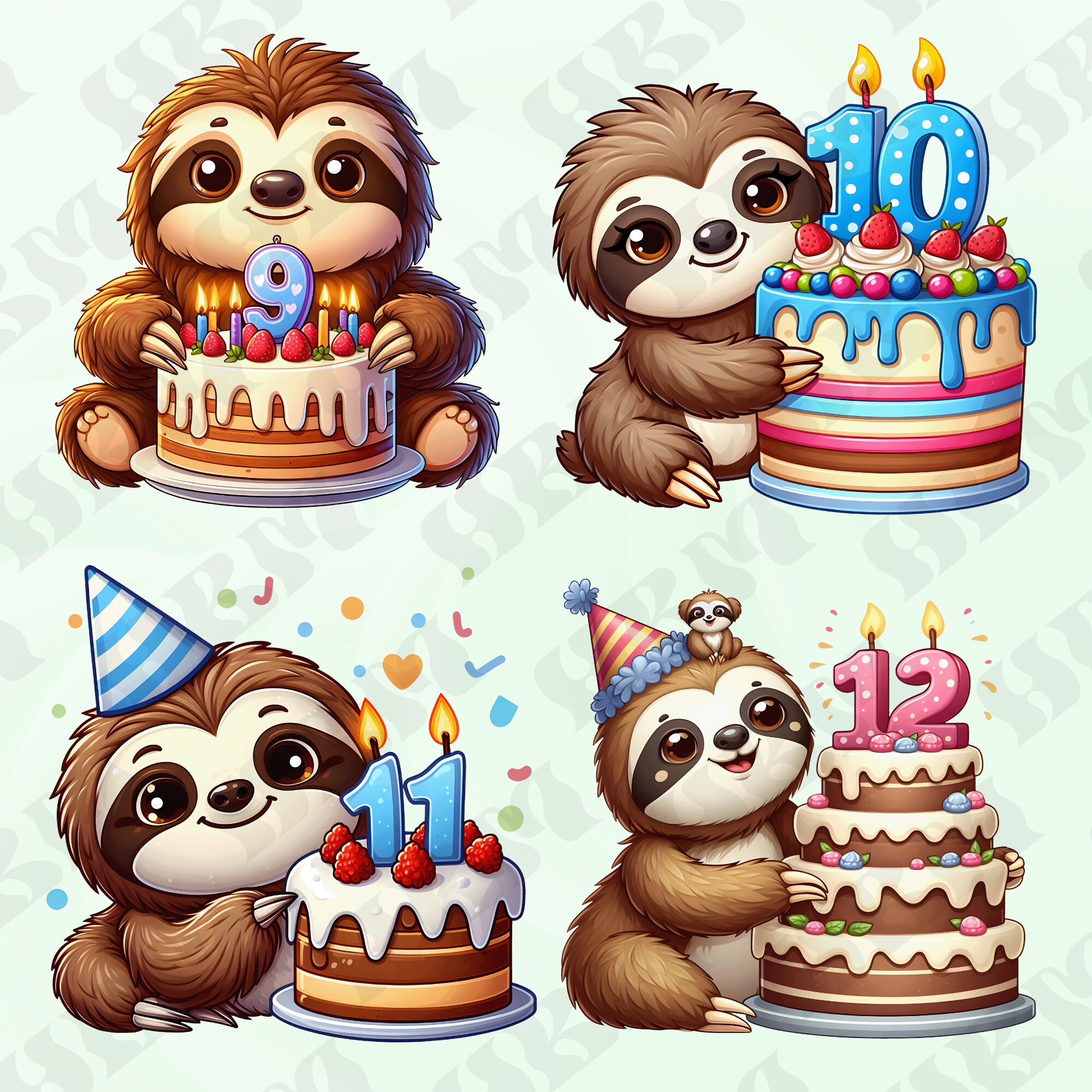 16 Cute Birthday Sloth Clipart Bundle, Cartoon Sticker, Adorable Party ...