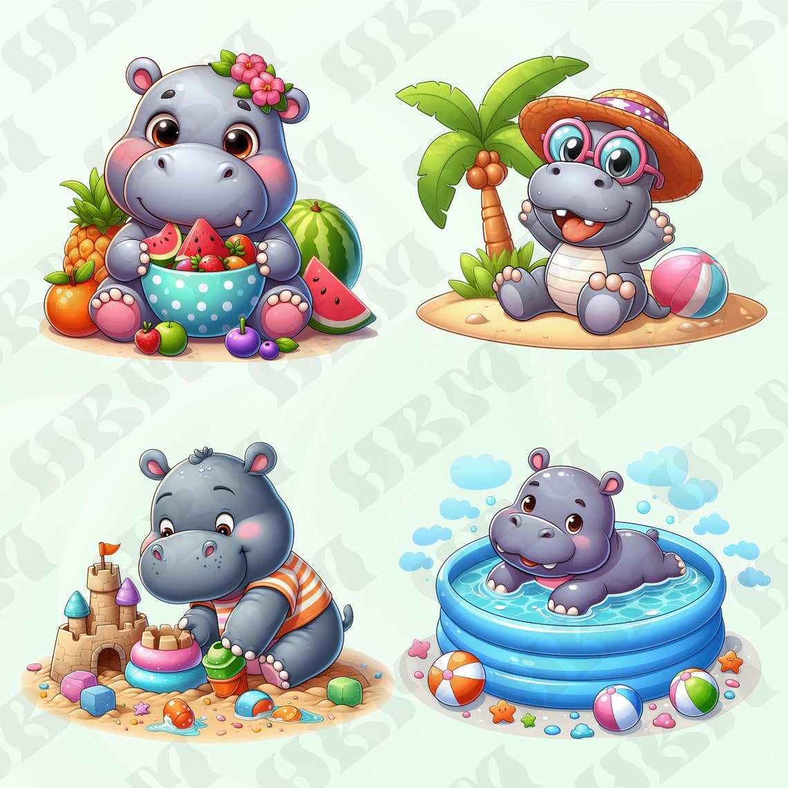 Cute Cartoon Summer Hippo Clipart Bundle, Surf Nursery Decor, Beach ...