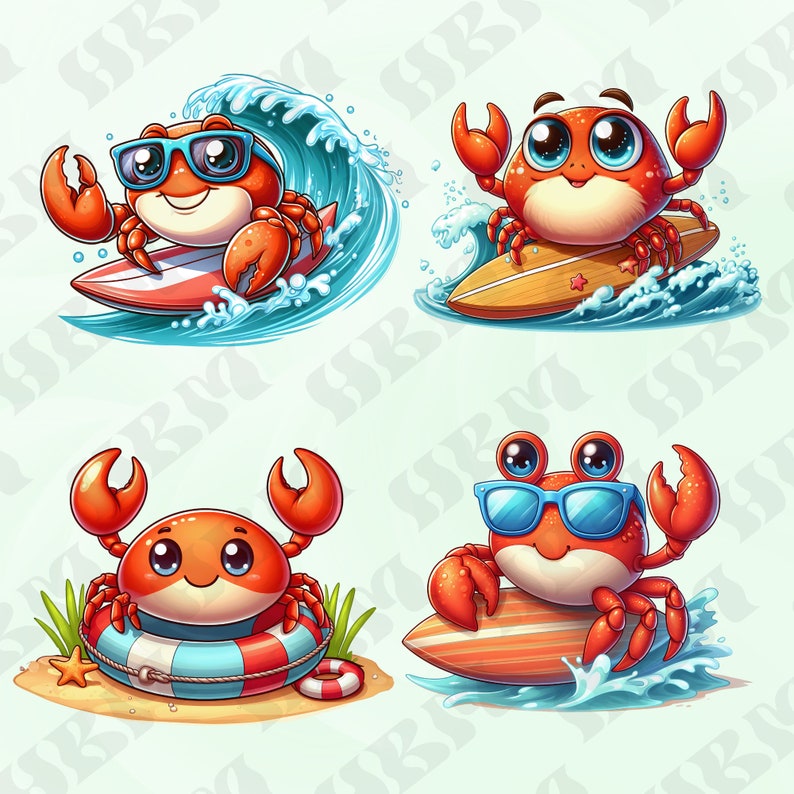 Cute Cartoon Summer Crabs Clipart Bundle, Surf Nursery Decor, Beach ...