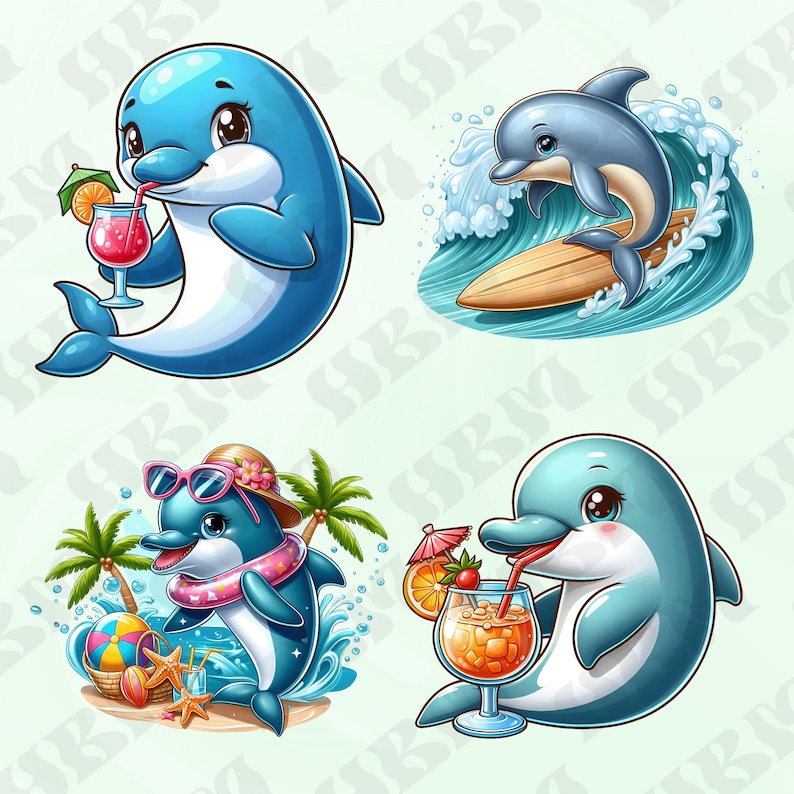 Cute Cartoon Summer Dolphin Clipart Bundle, Surf Nursery Decor, Beach ...