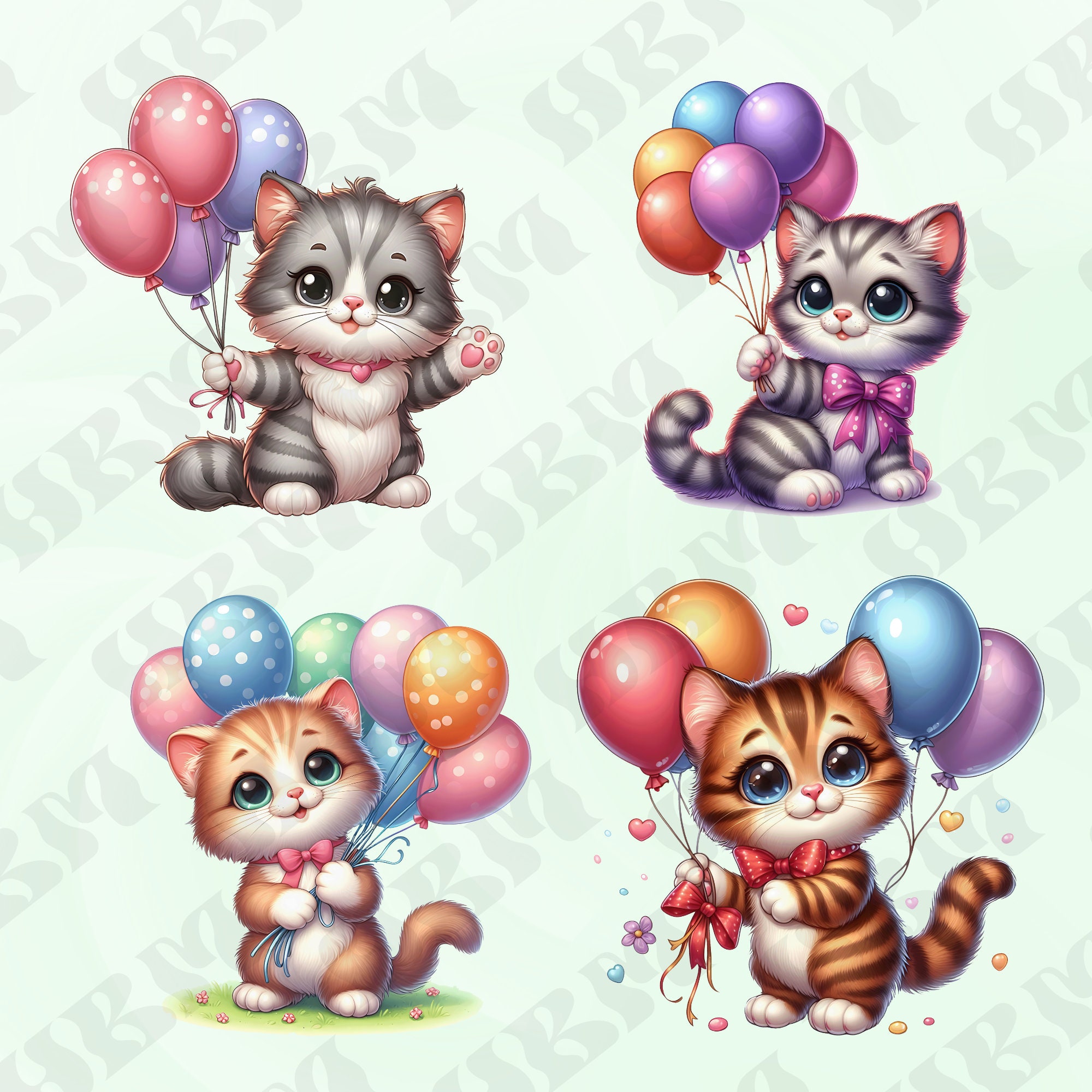 Cute Party Kittens Clipart Bundle, Cartoon Cat Balloon Sticker ...