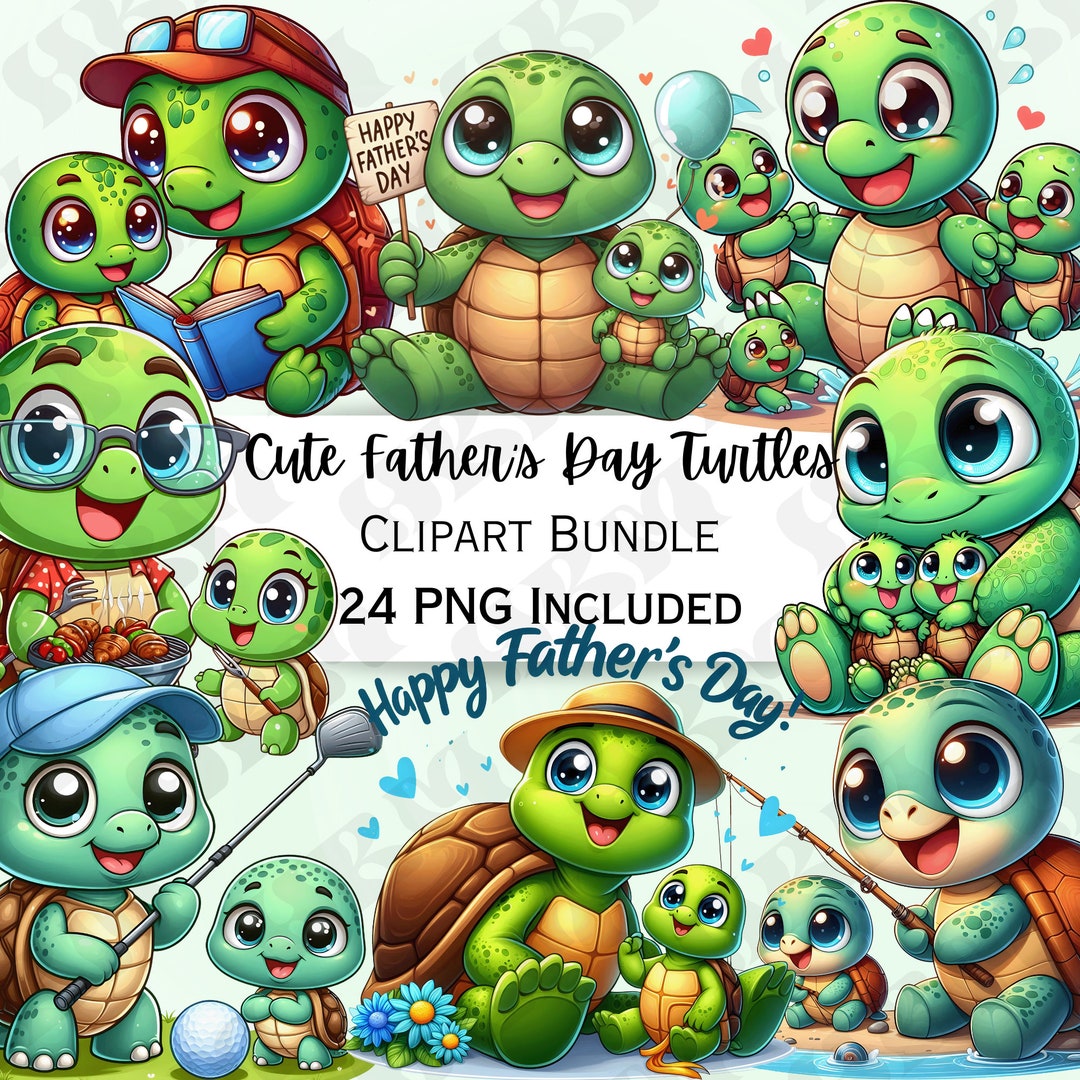Cute Father's Day Turtle's Clipart Bundle, Sweet Cartoon Stickers ...
