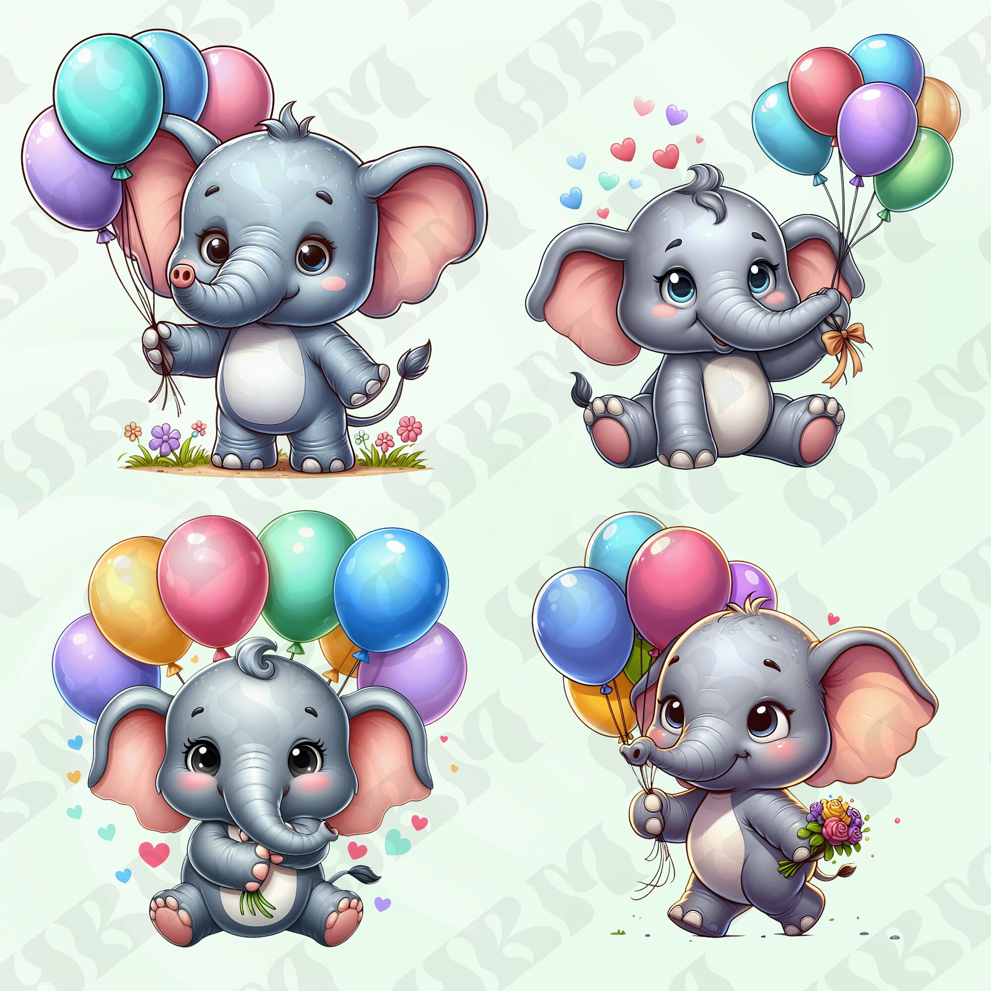 24 Cute Party Elephant Clipart Bundle, Cartoon Balloon Stickers ...