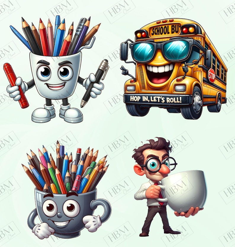 Funny Cartoon Teacher Characters Clipart Bundle, School Supplies PNG ...