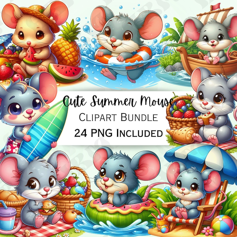 Cute Cartoon Mouse Summer Clipart Bundle, Surf Nursery Decor, Beach ...