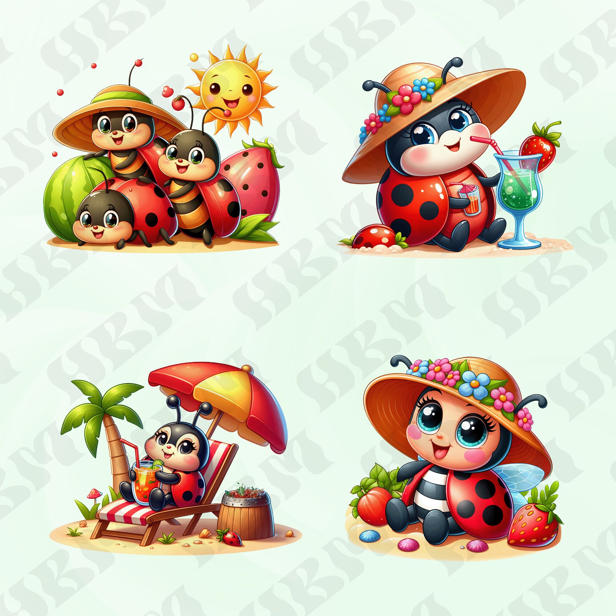 Cute Cartoon Lady Bugs Summer Clipart Bundle, Surf Nursery Decor, Beach ...