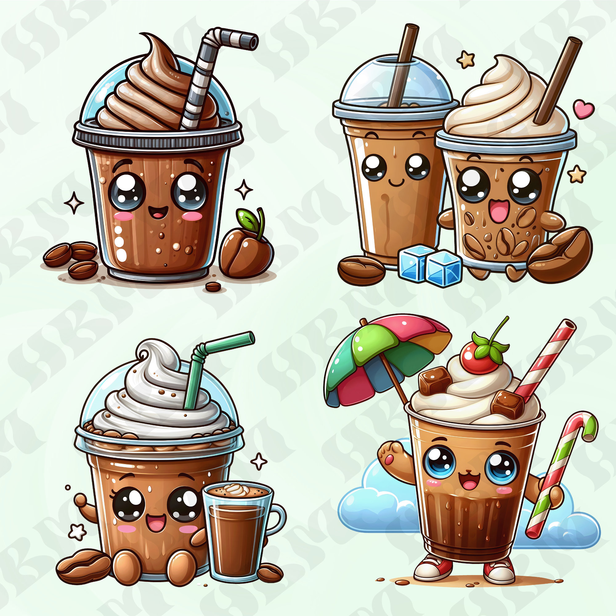 21 Cute Iced Coffee Characters Clipart Bundle, Caffeine Card Making ...
