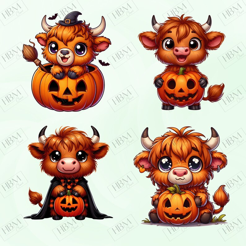 Cute Cartoon Halloween Highland Cows Clipart Bundle, Spooky Bull ...