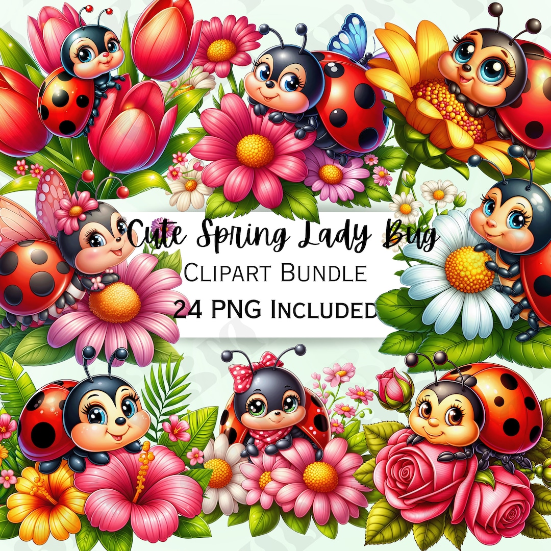 24 Cute Cartoon Spring Lady Bugs Clipart Bundle, Beetle Nursery Decor ...