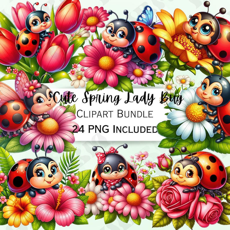 24 Cute Cartoon Spring Lady Bugs Clipart Bundle, Beetle Nursery Decor ...