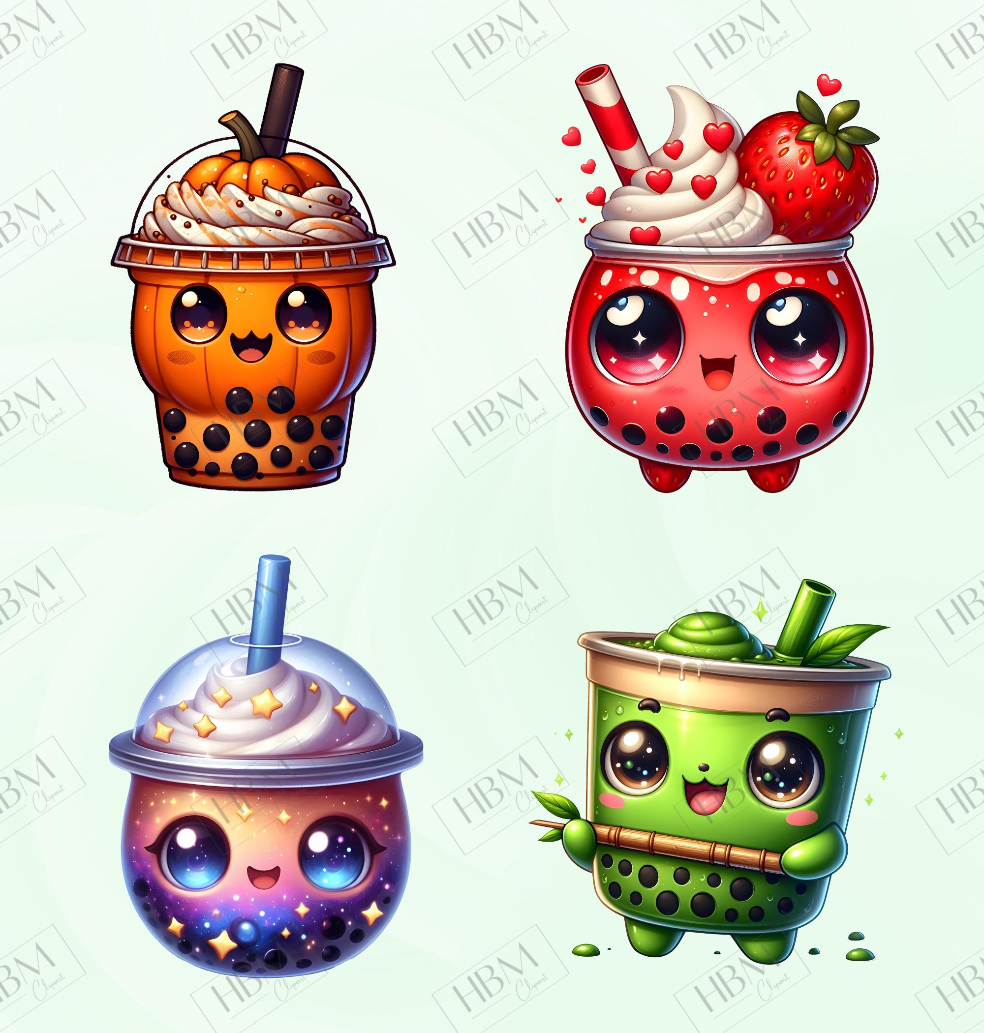 Cute Boba Tea Clipart Bundle, Kawaii Cartoon Bubble Tea, Quirky Rainbow ...