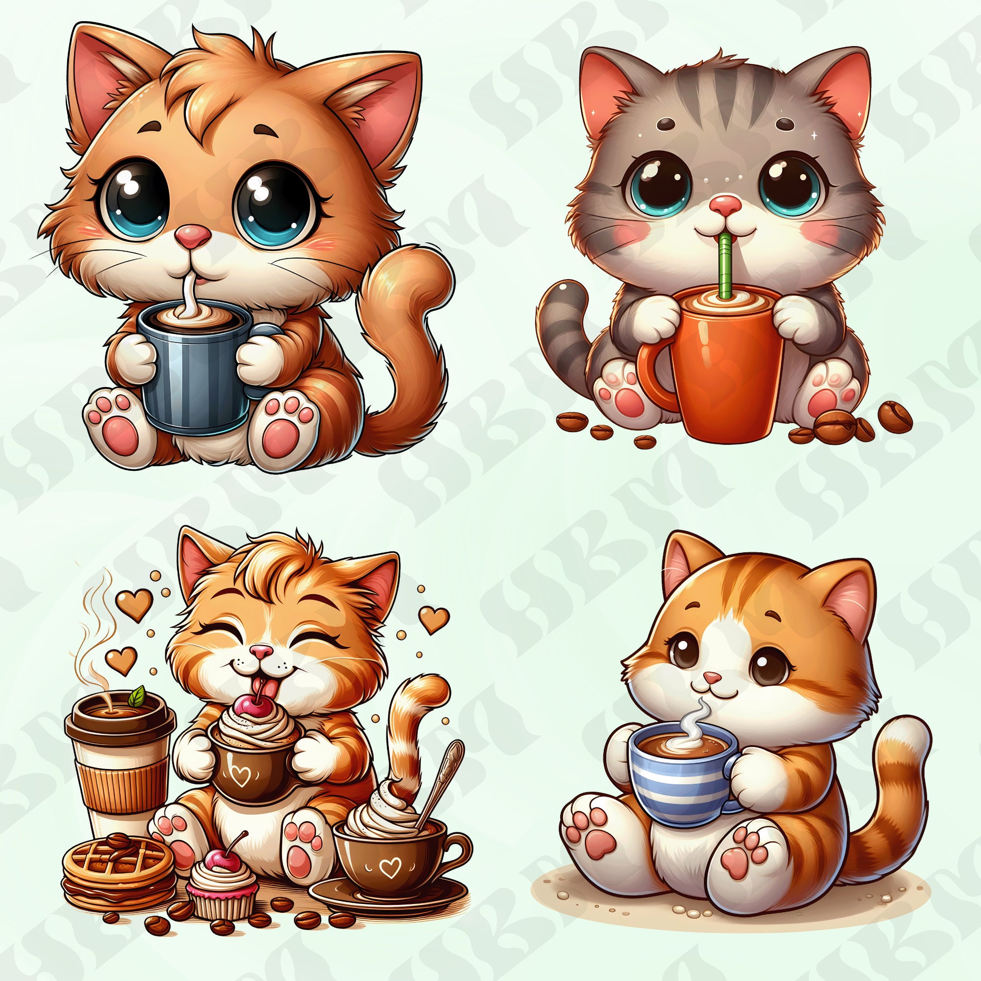 24 Cute Cartoon Cats Drinking Coffee Clipart Bundle, Kitten Stickers ...