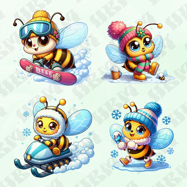 Cute Cartoon Winter Bees Clipart Bundle, Snow Nursery Decor, Cozy Baby Wall Art, Nature PNG ...