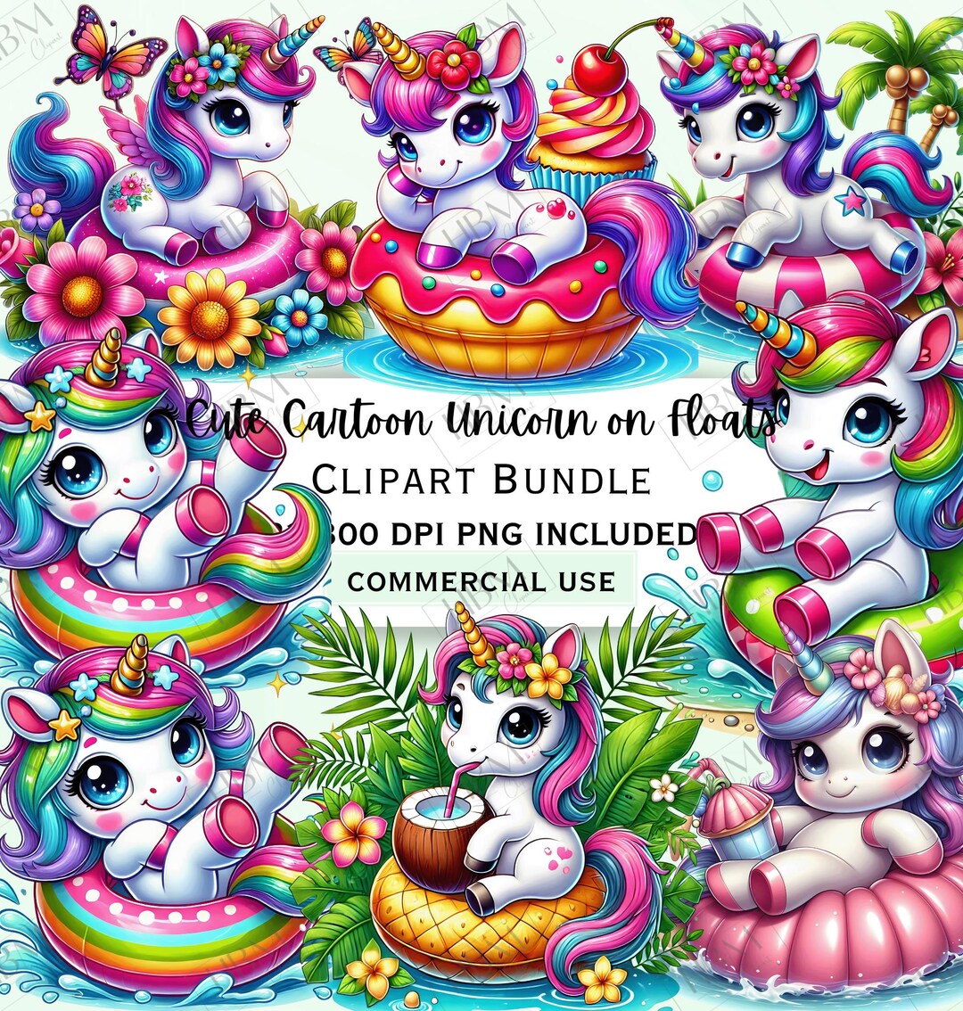 Cute Unicorn on Floats Clipart Bundle, Summer Nursery Decor, Adorable ...