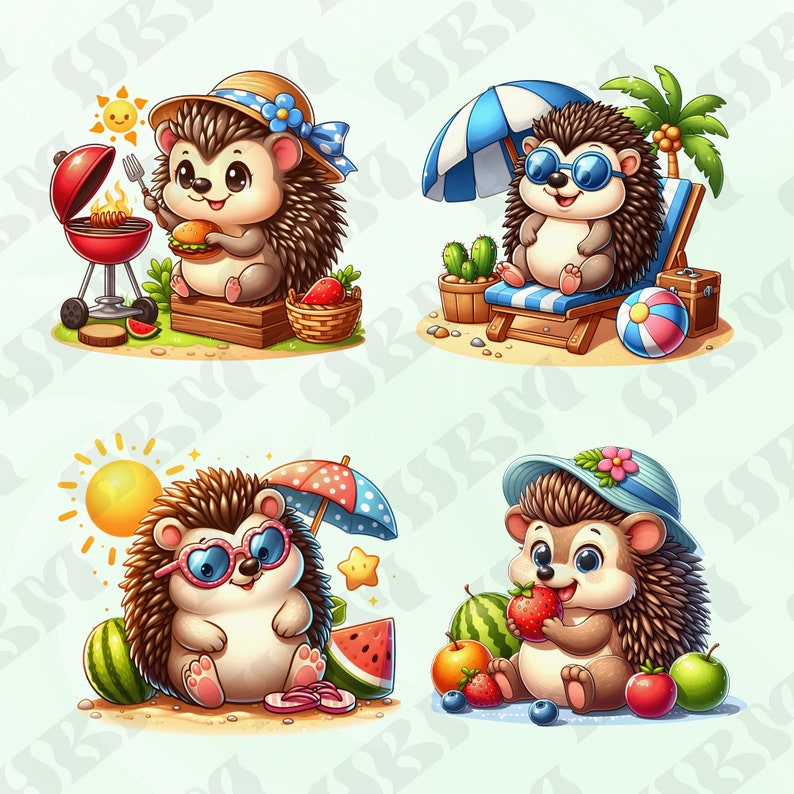 Cute Cartoon Hedgehogs Summer Clipart Bundle, Surf Nursery Decor, Beach ...