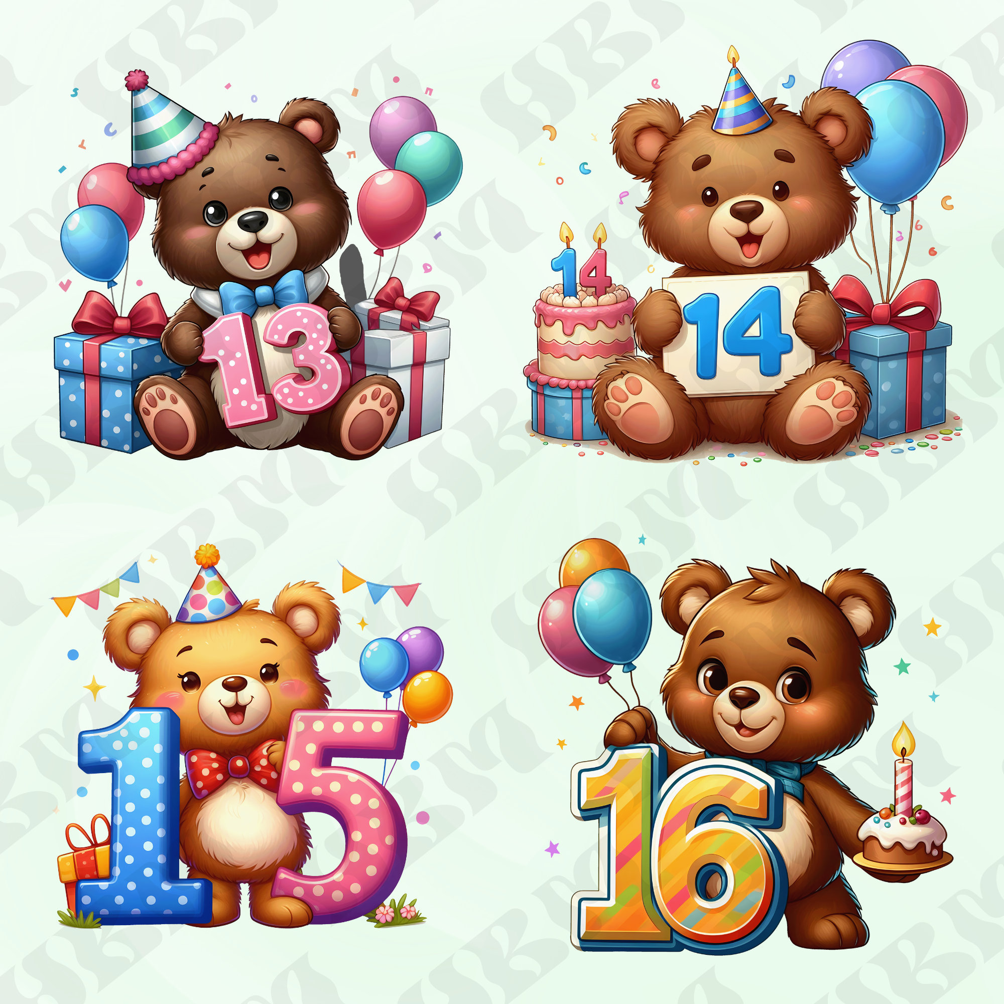 16 Cute Birthday Bears Clipart Bundle, Cartoon Teddy Sticker, Adorable ...