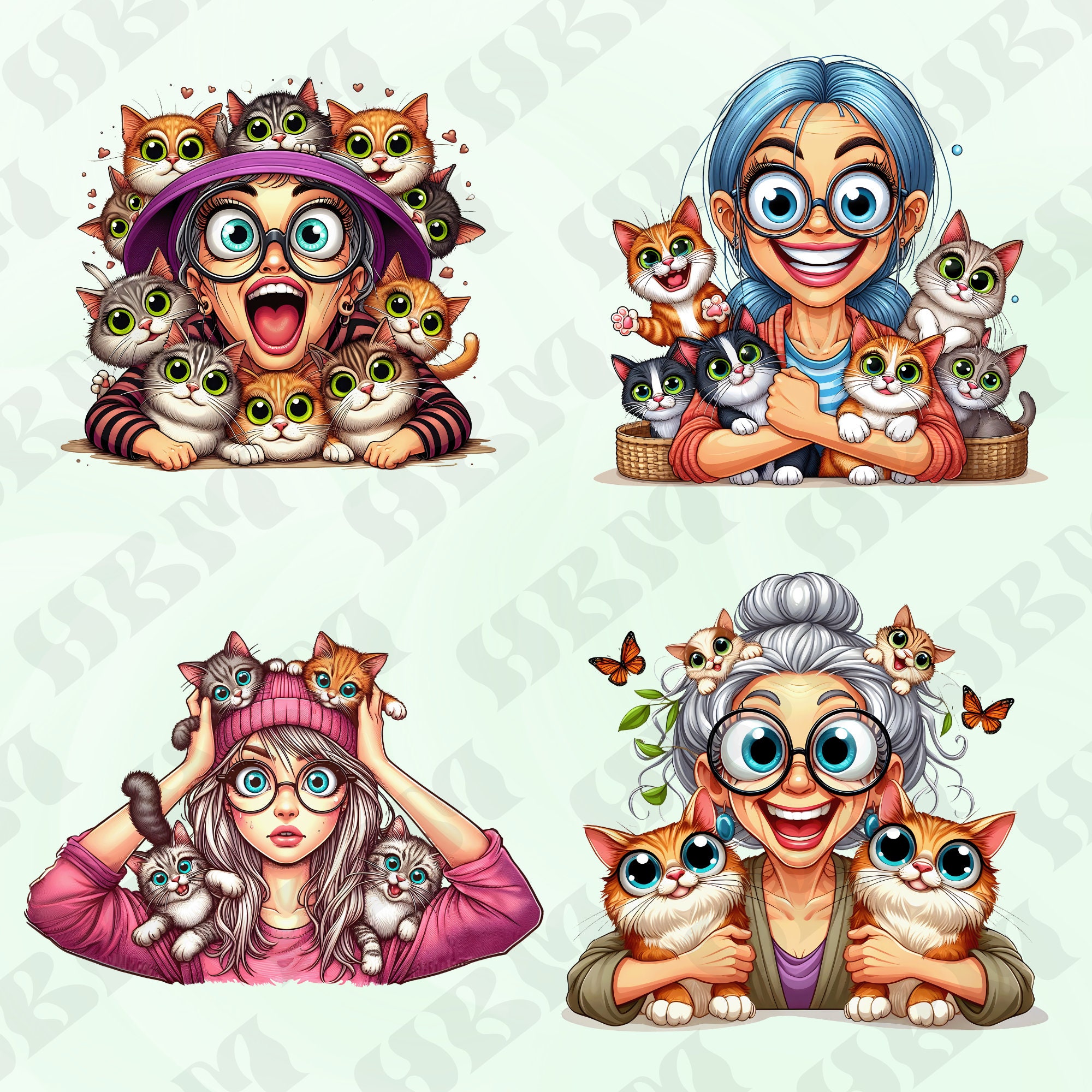 Funny Crazy Cat Lady Clipart Bundle, Witty Stickers, Whimsical Cartoon ...